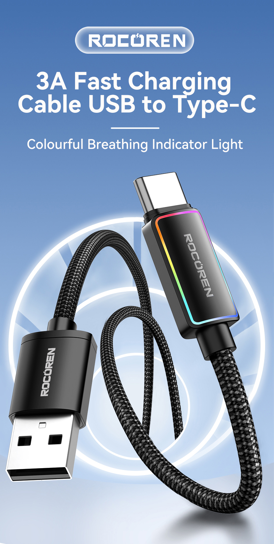 Rocoren USB A To Type-C 3A Colorful Breathing Indicator QC 3.0 Fast ...