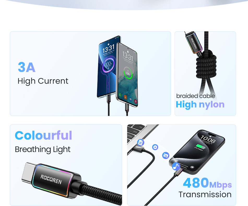 Rocoren USB A To Type-C 3A Colorful Breathing Indicator QC 3.0 Fast ...