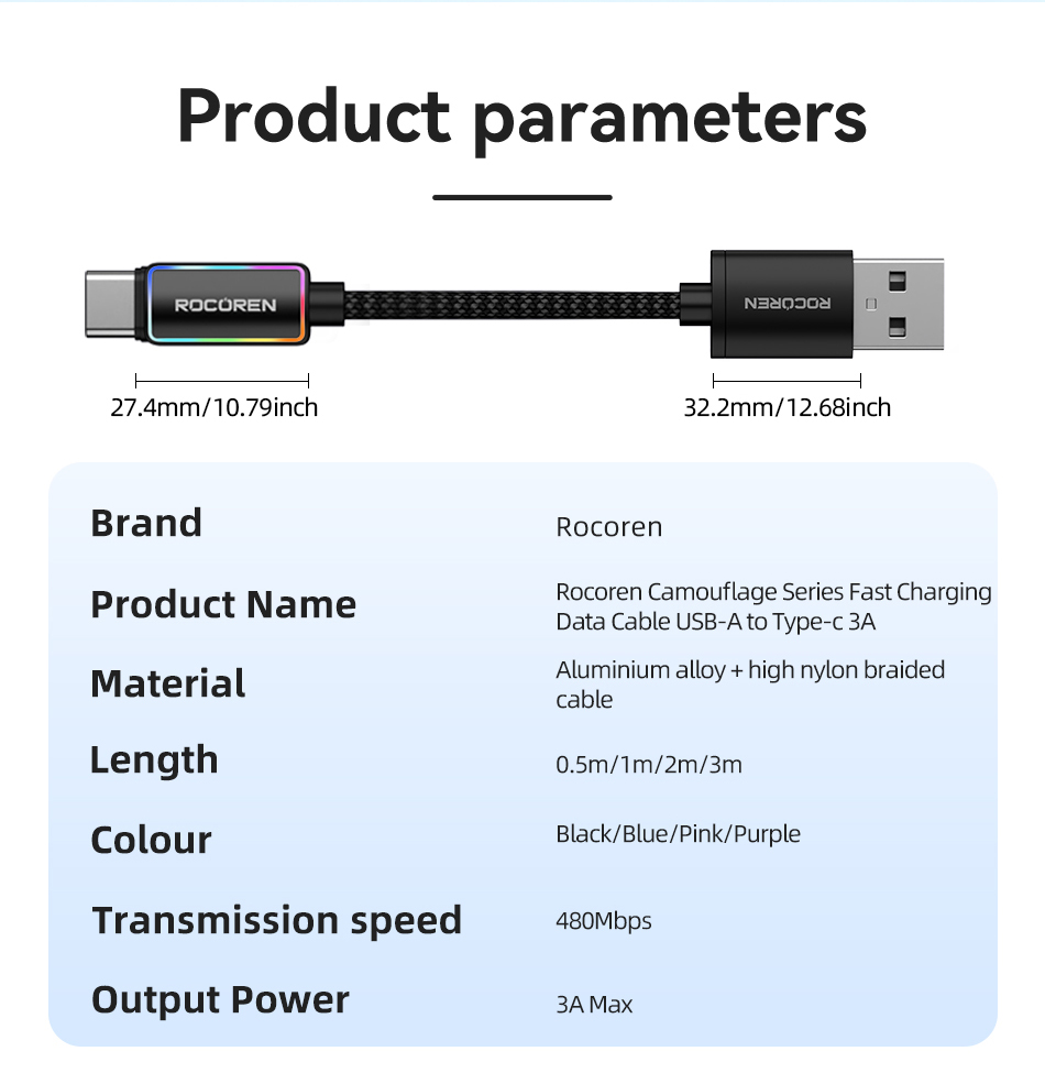 Rocoren USB A To Type-C 3A Colorful Breathing Indicator QC 3.0 Fast ...