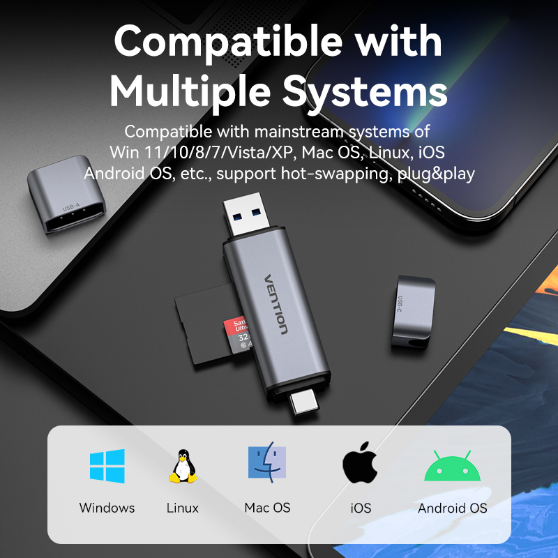 Vention 2 in 1 Card Reader USB 3.0 Type C 512GB Fast Transmission Dual Card Reading SD Card ...