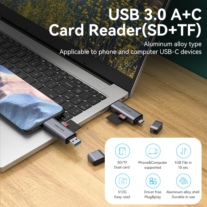 Vention 2 in 1 Card Reader USB 3.0 Type C 512GB Fast Transmission Dual ...