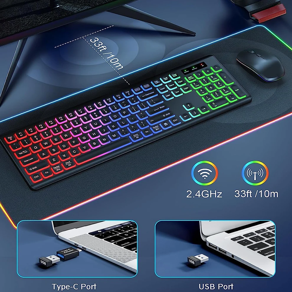Wireless Keyboard and Mouse Combination Backlight Rechargeable Full ...
