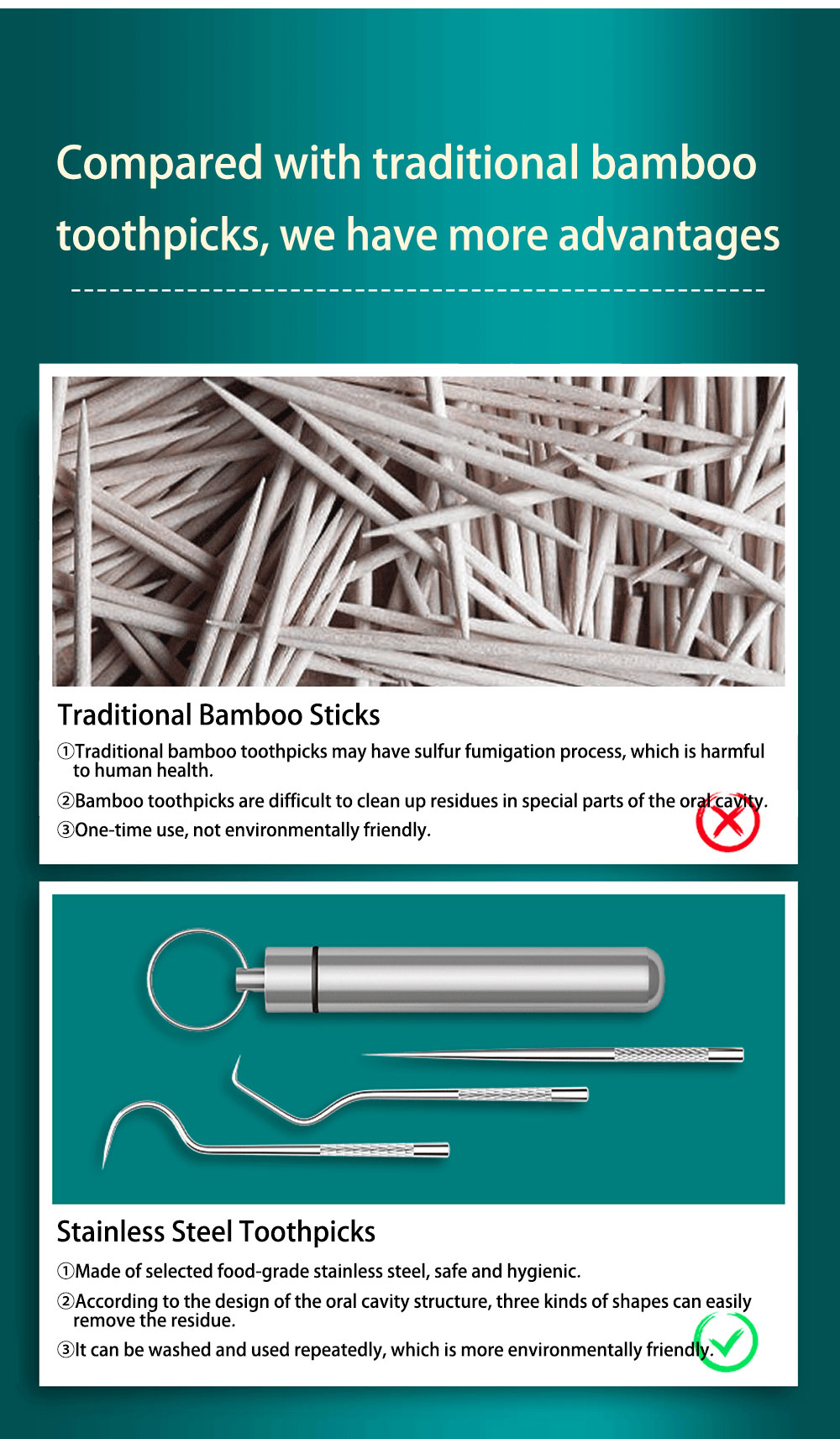 3PCS Toothpick Pocket Set, Reusable Dental Tools Stainless Steel Teeth ...