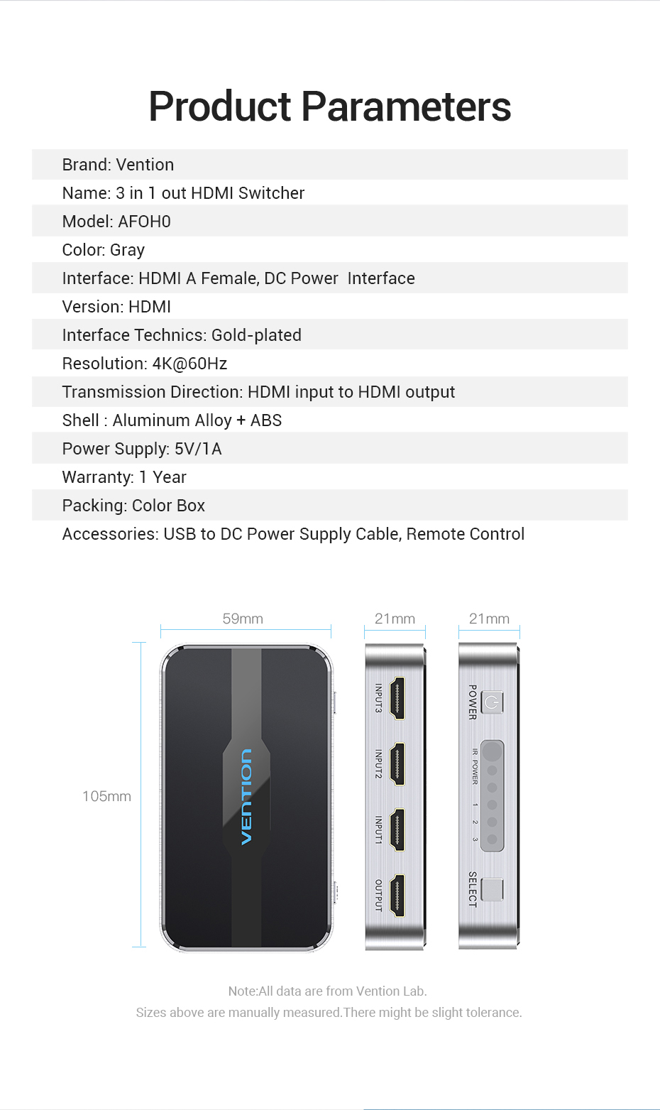 Vention HDMI Switcher 3 IN 1 Out 4K 60HZ Support Dolby With Button ...