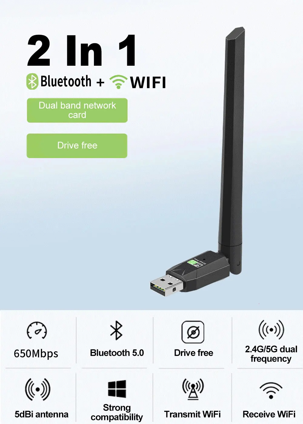 600Mbps USB WiFi Bluetooth Adapter 2in1 Network Card Dual Band 2.4G ...