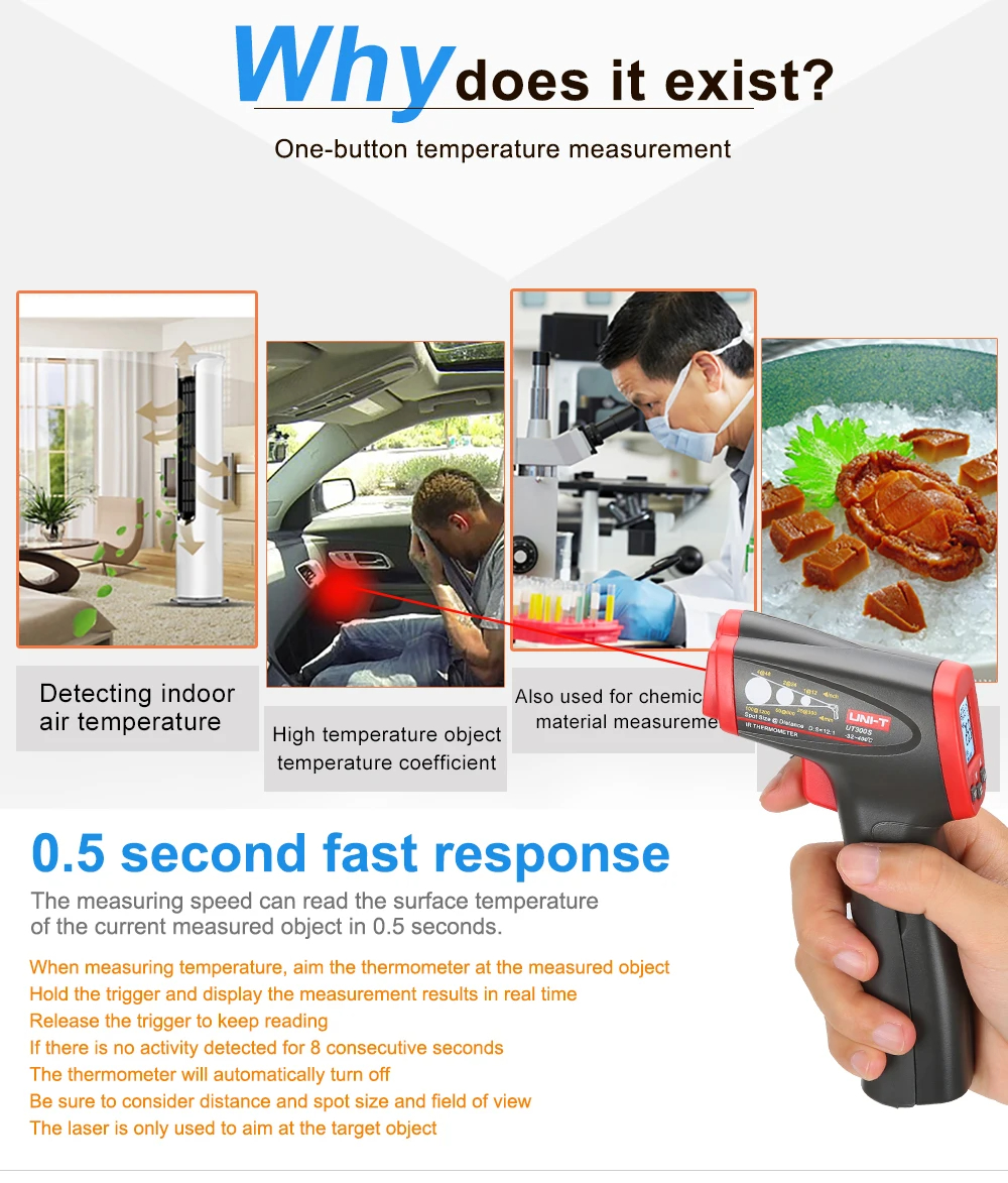 UNI-T Non Contact Digital Infrared Thermometer UT300S Temperature ...