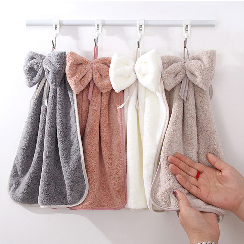 Cute Bowknot Coral Velvet Hand Towel Wipes Quick Dry Absorbent Hanging ...