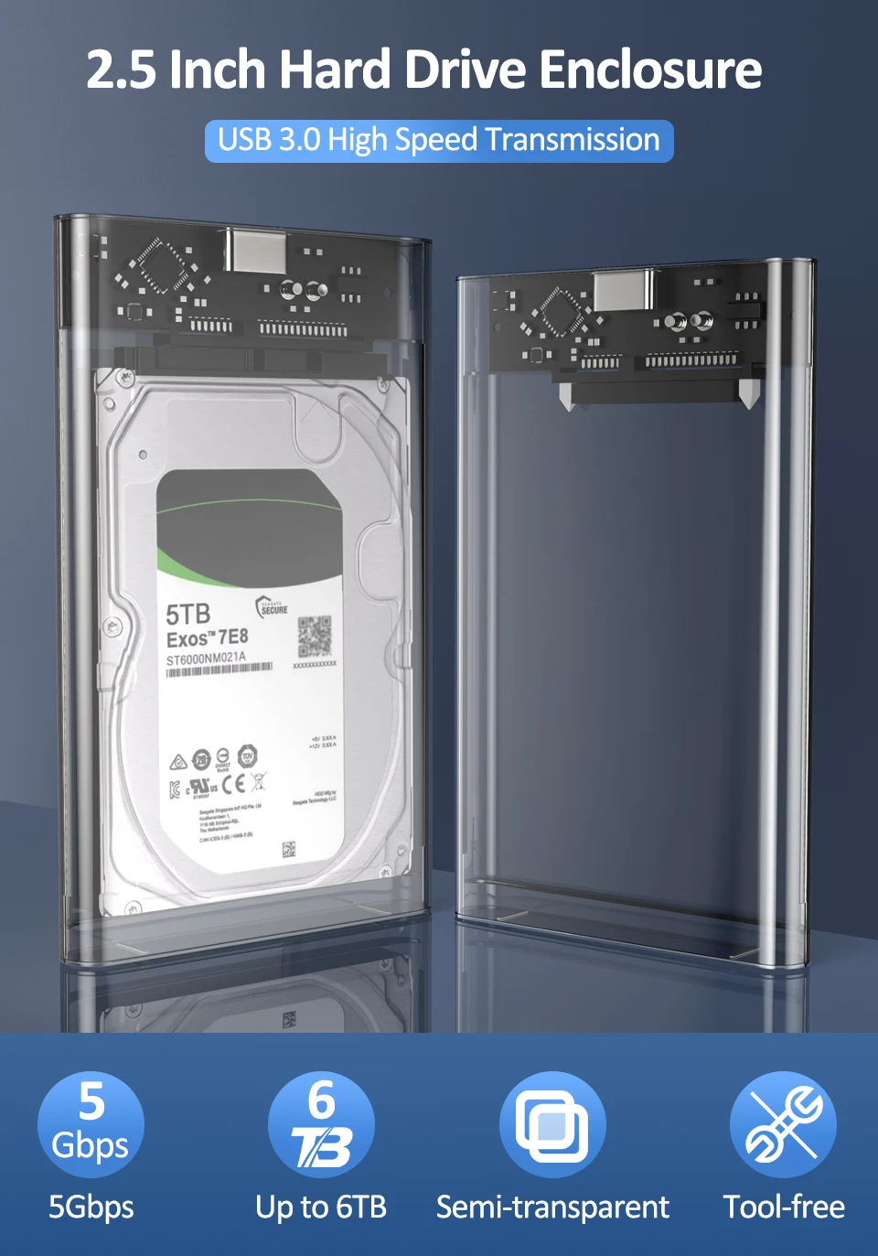 2.5 inch Transparent HDD SSD Case SATA III to USB 3.1 Hard Drive Disk Enclosure Free External ...