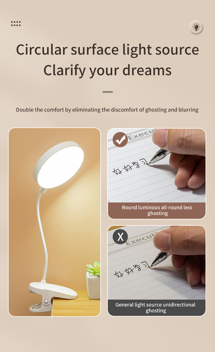 Led Table Lamp USB Rechargeable Night Light With Folding Clamp Touch 3 ...