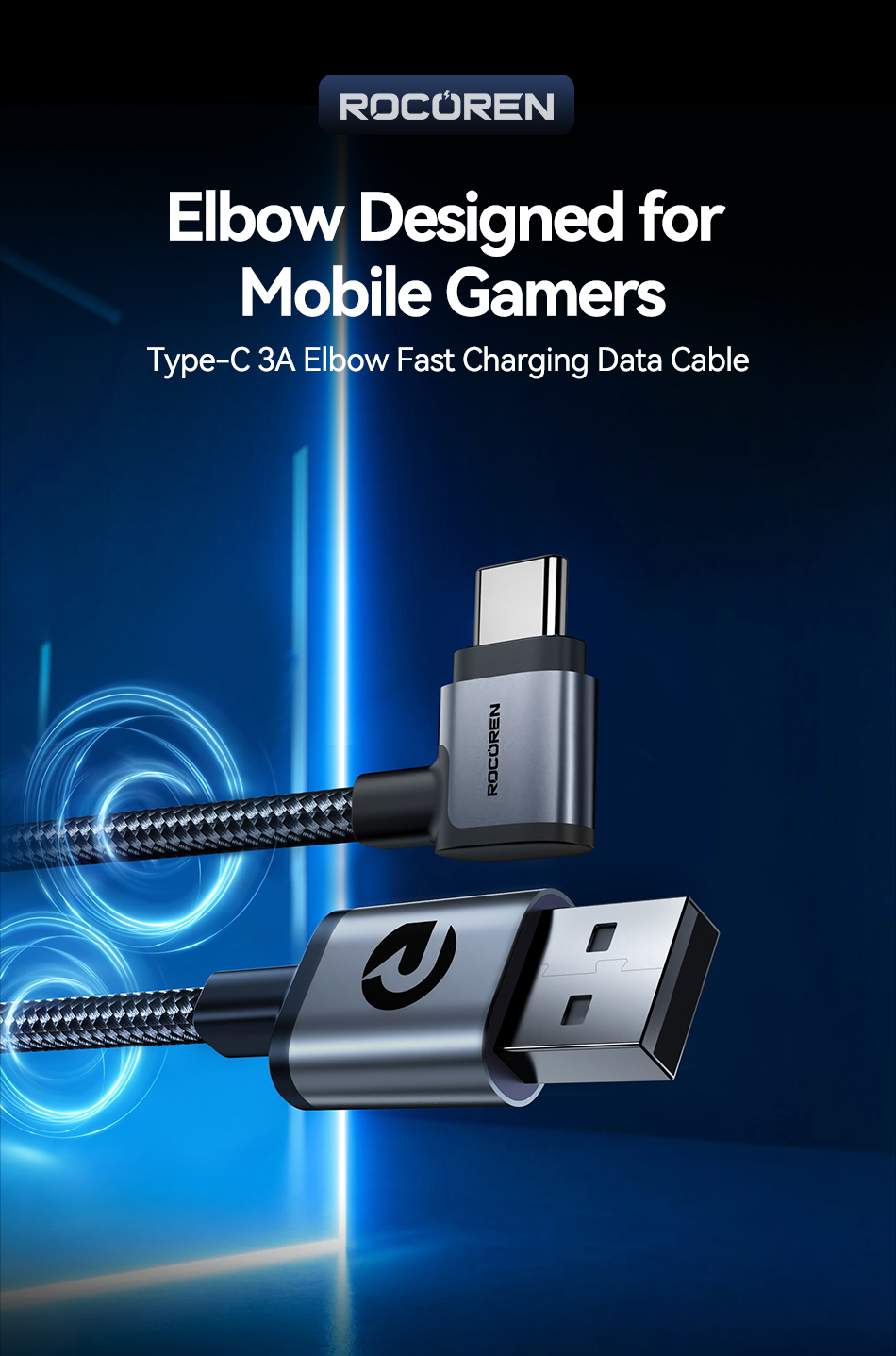 Rocoren USB to Type C Cable 3A 90 Degree Elbow Fast Charging Gaming ...