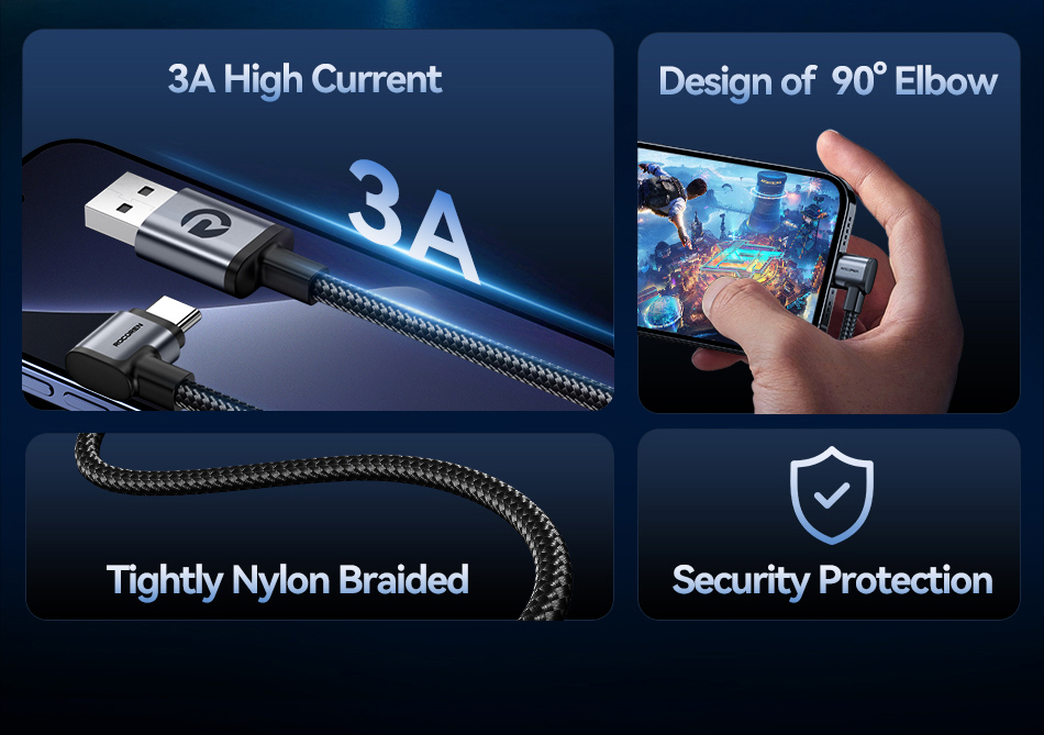 Rocoren USB to Type C Cable 3A 90 Degree Elbow Fast Charging Gaming ...