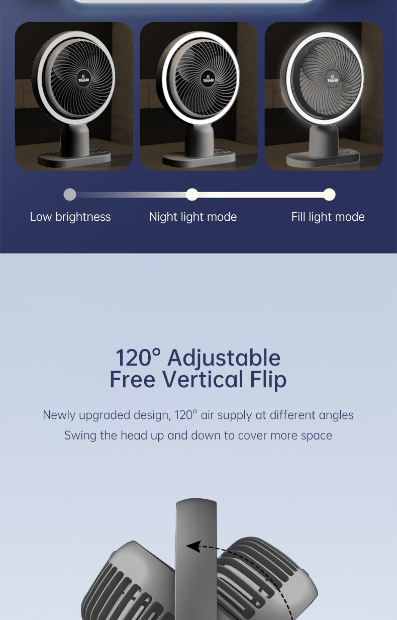 Thunlit Small Desk Fan Stylish Gray Desktop Fill Light Fan USB Charging ...