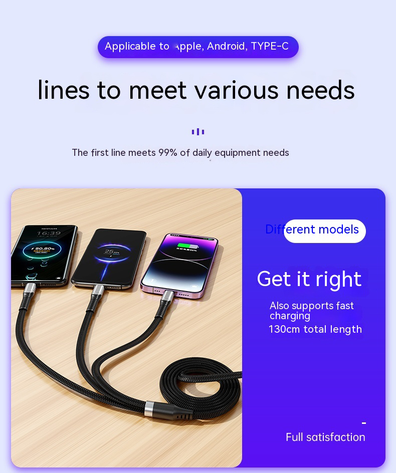 200W Super Fast Charging Cable 3 In 1 Zinc alloy Data Cable For i os ...