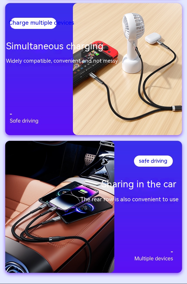 200W Super Fast Charging Cable 3 In 1 Zinc alloy Data Cable For i os ...