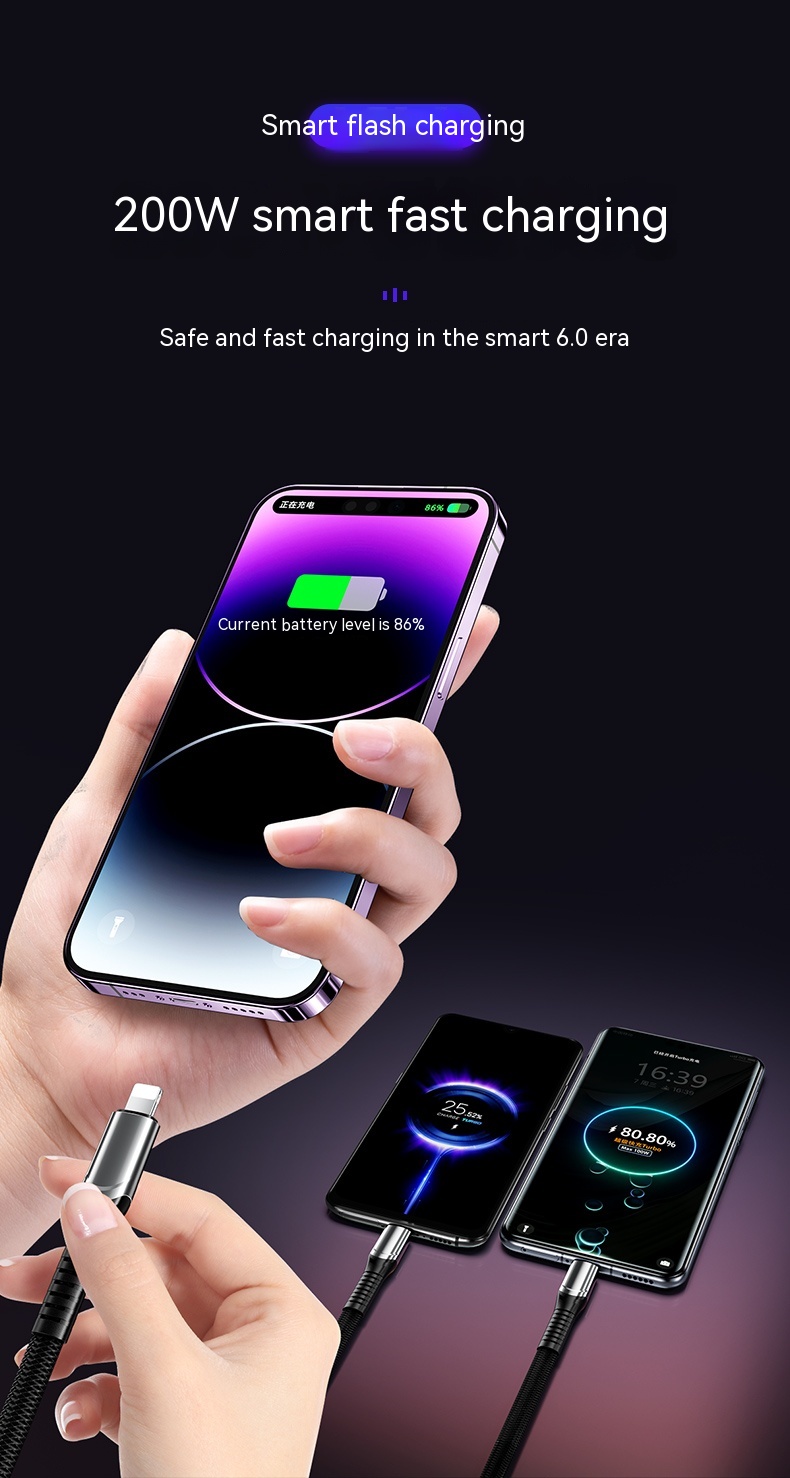 200W Super Fast Charging Cable 3 In 1 Zinc alloy Data Cable For i os ...