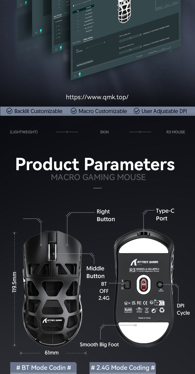 Attack Shark R3 Magnesium alloy mouse lightweight 46g 8KHz PAW3395 ...