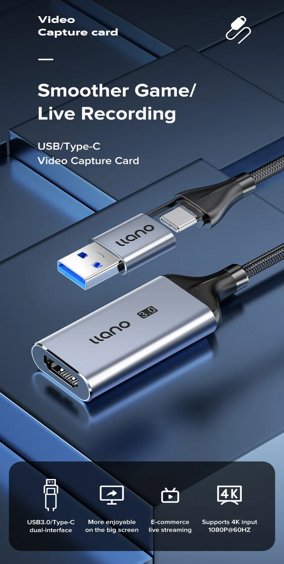 llano 2 in 1 USB/Type-C Video Capture Card Game Live Streaming Recording Device Video Collector ...