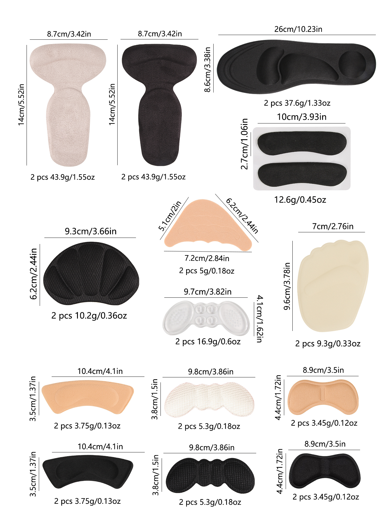 Breathable Shoe Inserts Set - Forefoot Pads Heel Grips Toe Fillers All ...