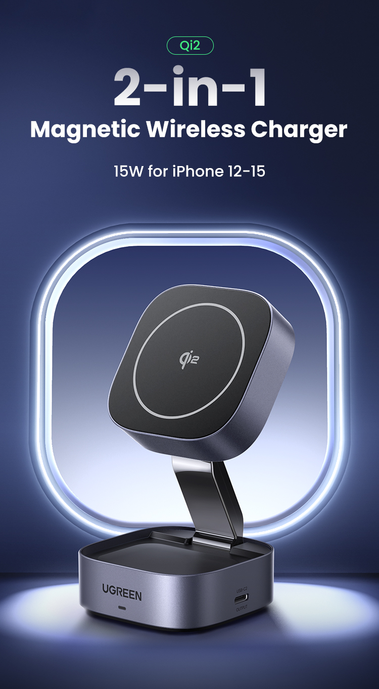 UGREEN 2-in-1 25W Max Qi2 MPP Magnetic Wireless Charger, 15W Max for iPhone 12-15, 5W Max for ...