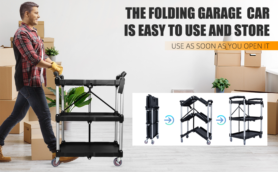No Assembly Foldable Service Carts with Wheels 3 Tier Portable Utility ...