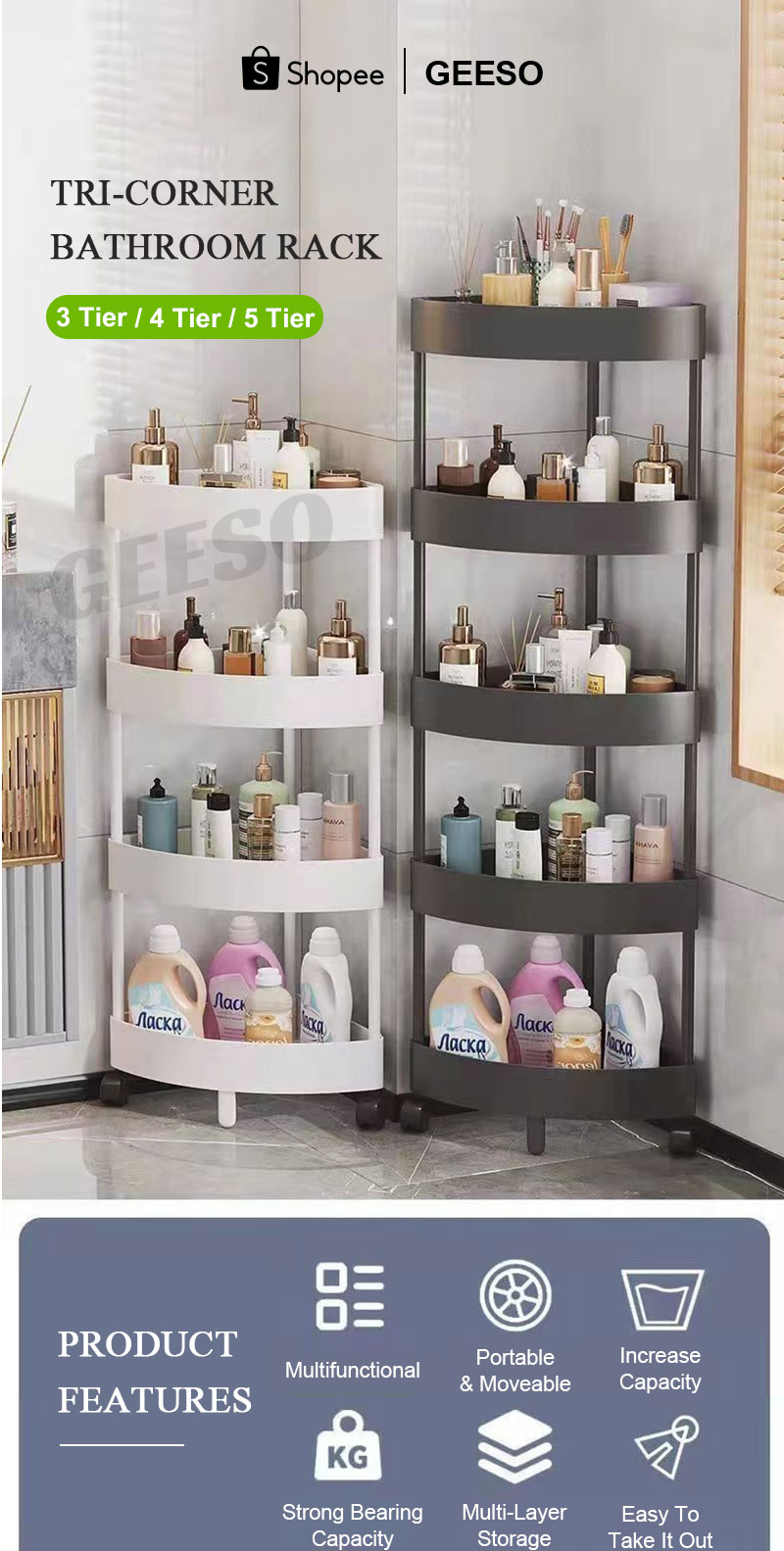GEESO Tri-Corner Bathroom Rack Simple Corner Storage Rack Multipurpose ...