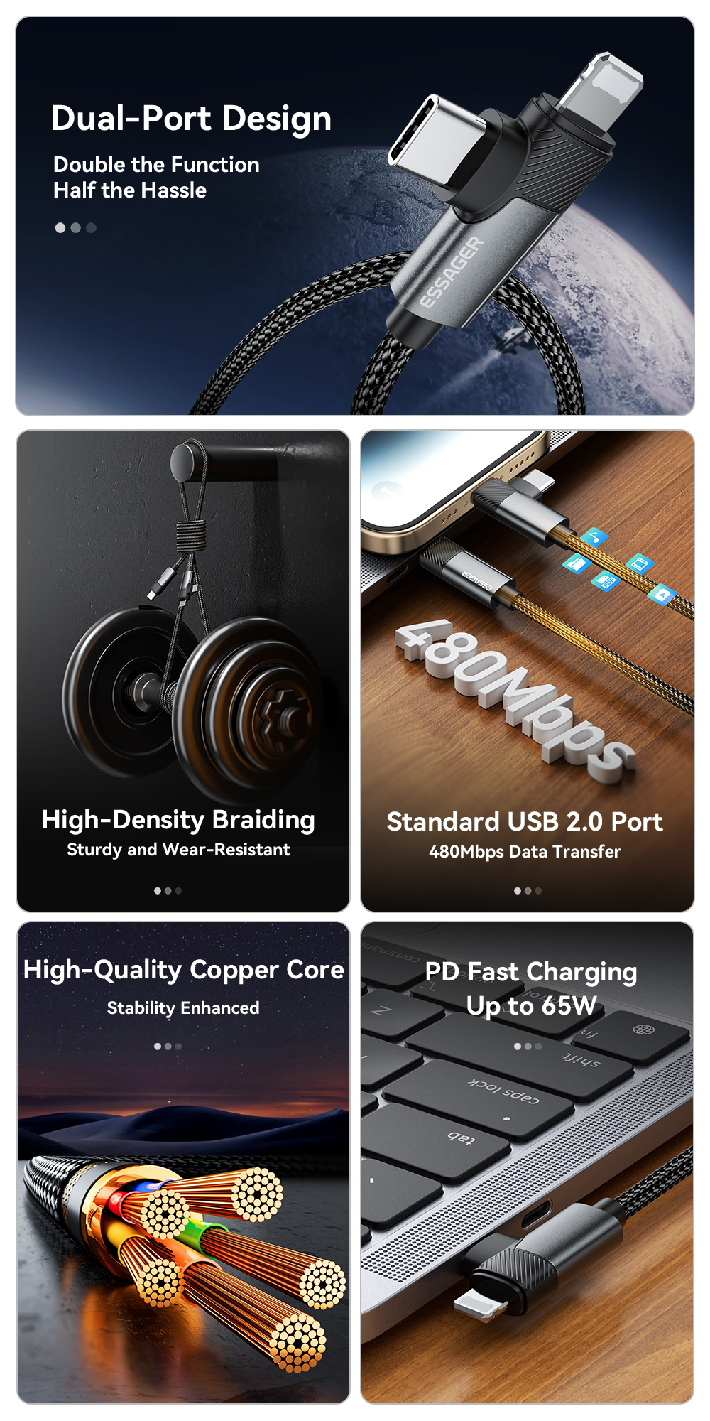 Essager 65W Type C To L+ C Cable 2 in 1 Fast Charging Cord Adapter For ...