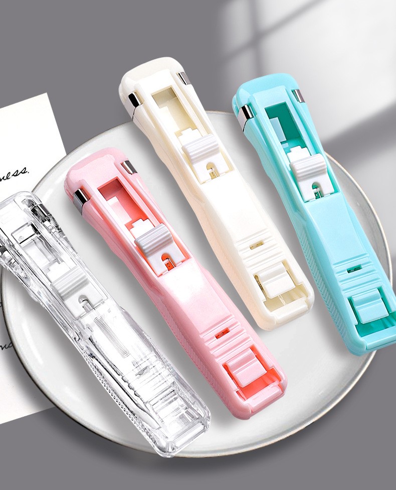 Push clip dispenser/Push-clamp-stapler free of damage to paper/free of ...