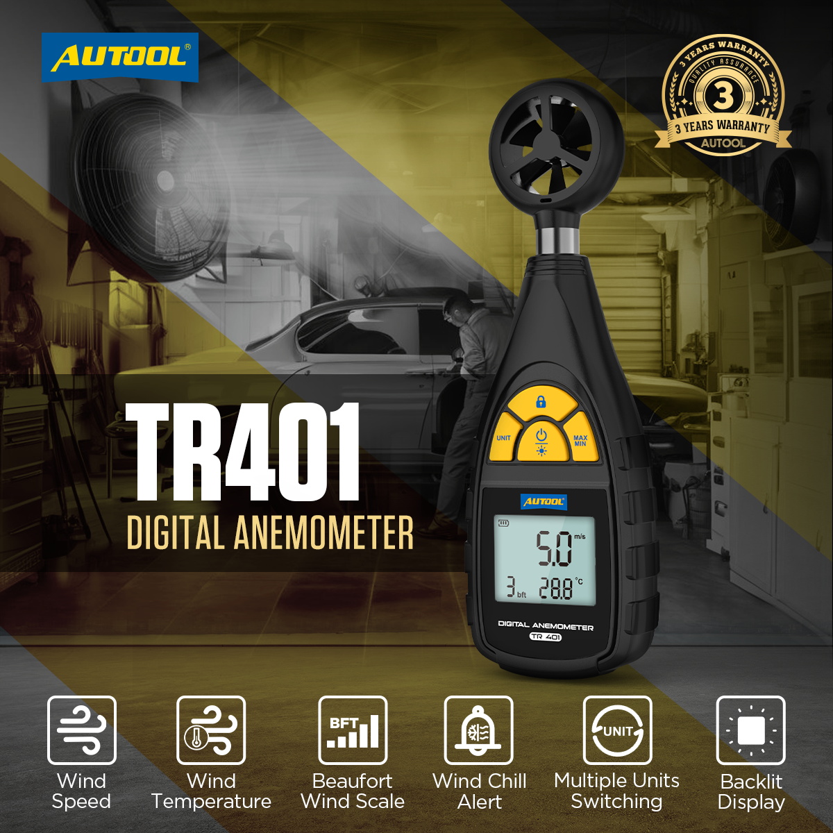 AUTOOL TR401 Digital Anemometer Handheld Air Flow Meter Wind Speed ...