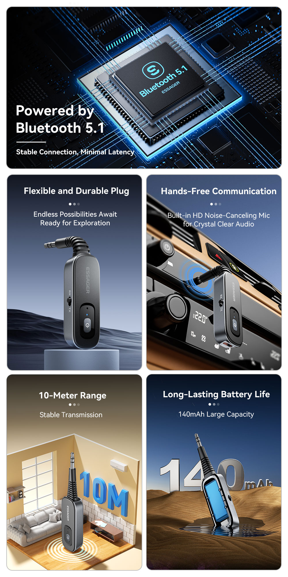 Essager Type C 3.5Mm Bluetooth Receiver Supports Microphone 5.1Wireless ...