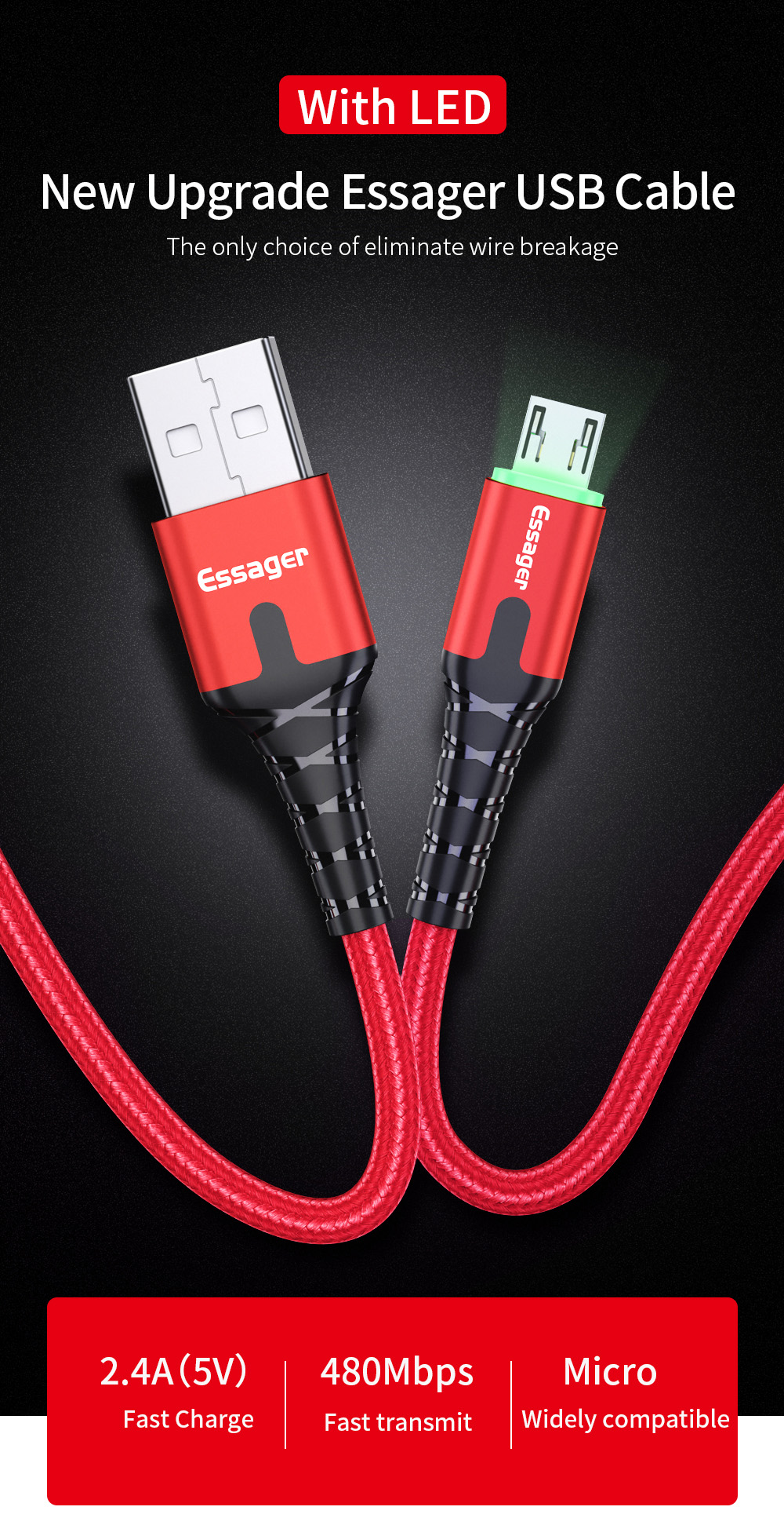 Essager Fast Charging LED Micro USB Cable 3A Data Wire Cord Microusb ...