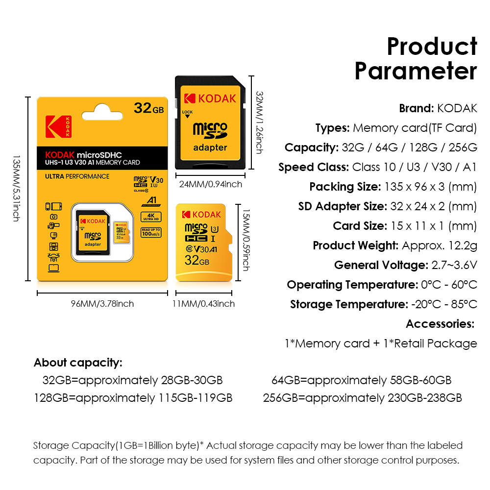 KODAK Red MicroSD Card 32GB-256GB, Class 10 U3, 4K High-Speed TF Memory ...