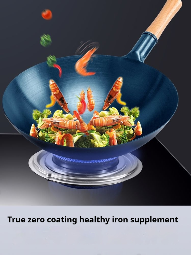 Traditional Wok Non-coated Non Stick Carbon Steel Wok Pan With Wooden ...