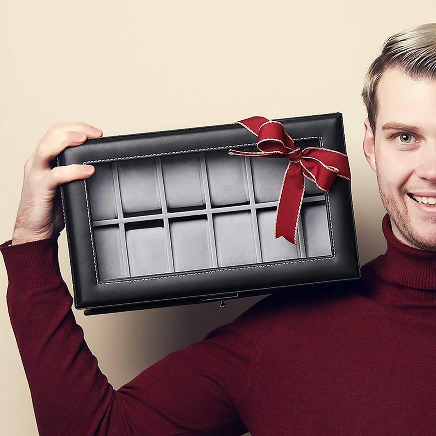 Watch Box Double Layer 12 Slots Leather Jewellery Organizer Storage ...