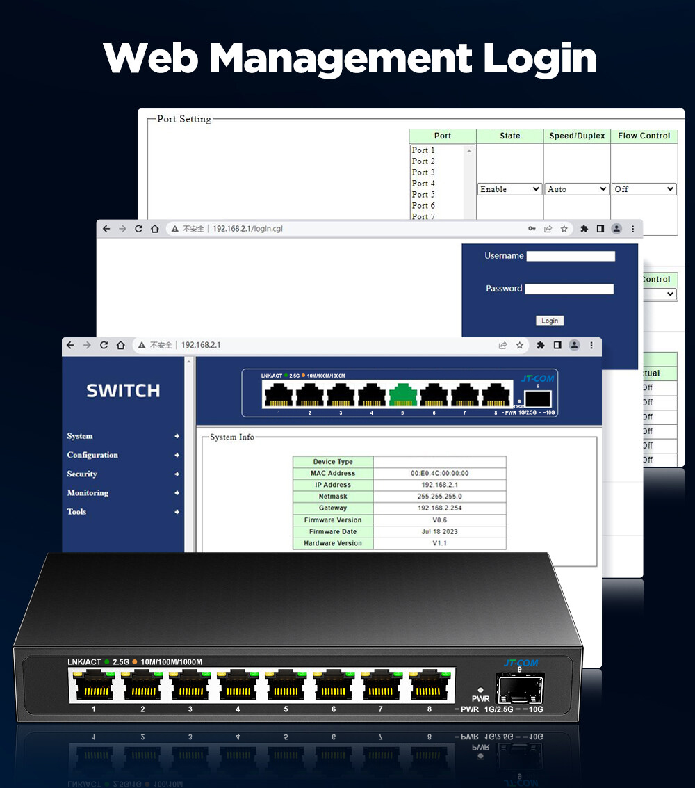 JT-COM 8 Ports Managed Switch 10G SFP+ Slot Uplink Layer 2 Web Fiber Switch 2.5GBASE-T Network ...