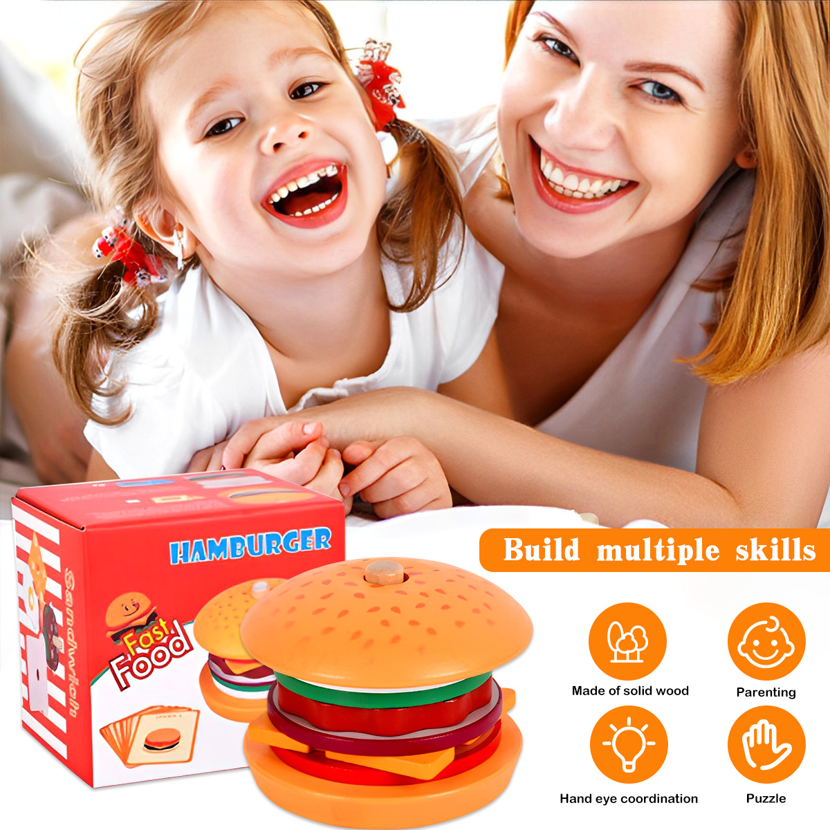 Fast Food Stacking Toys Montessori Wooden Hamburger/Sandwich Pretend ...