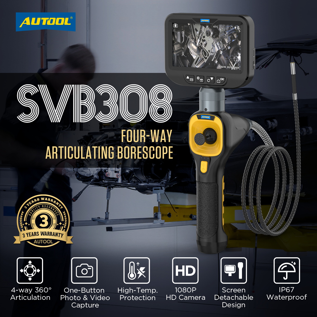 AUTOOL 360° Articulating Borescope Camera Engine Inspection Industrial ...