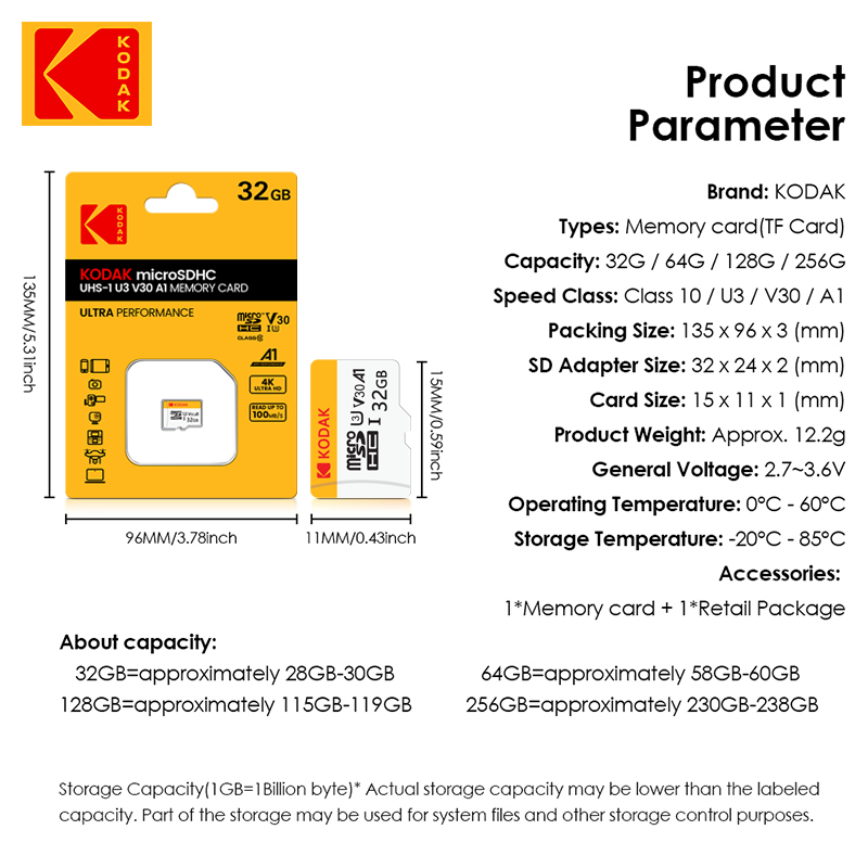 KODAK MicroSD Card Red Memory Card Class10 32GB 64GB 128GB 256GB U3 4K ...