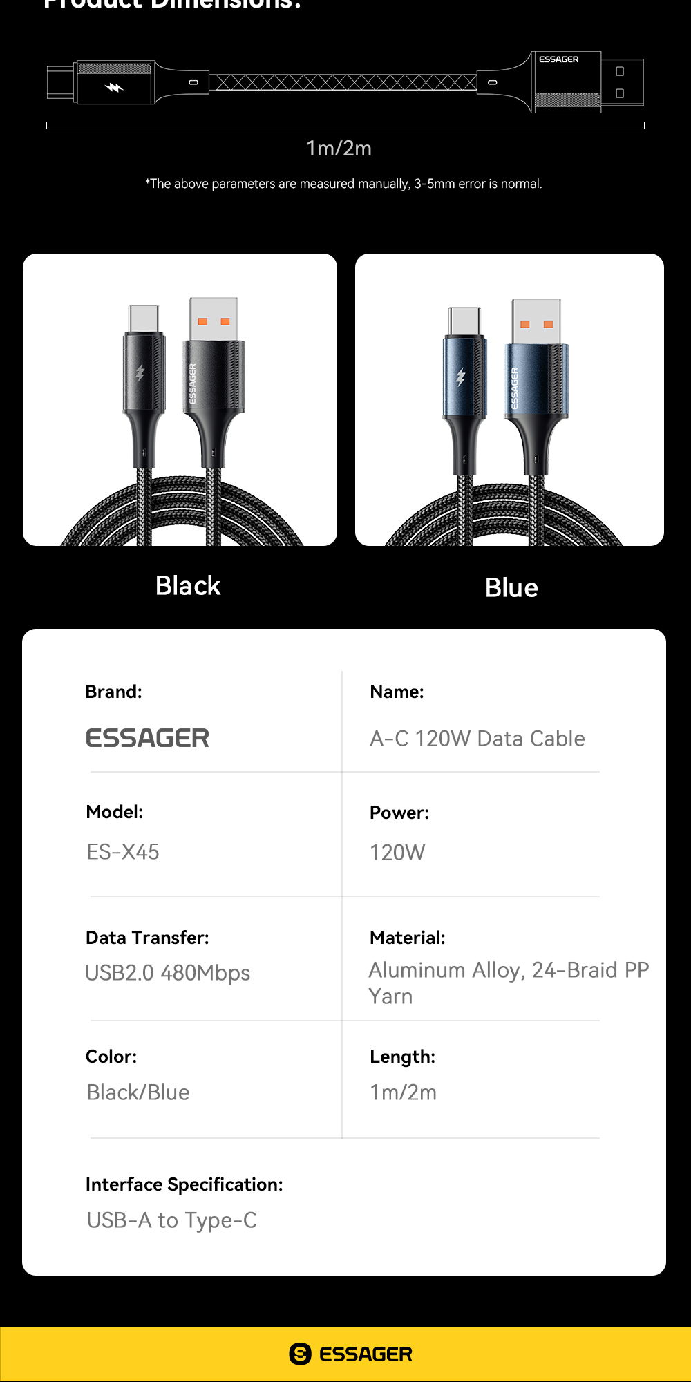 Essager 120W Usb Type C Cable For xiaomi 6A Fast Charging Cord | Shopee ...