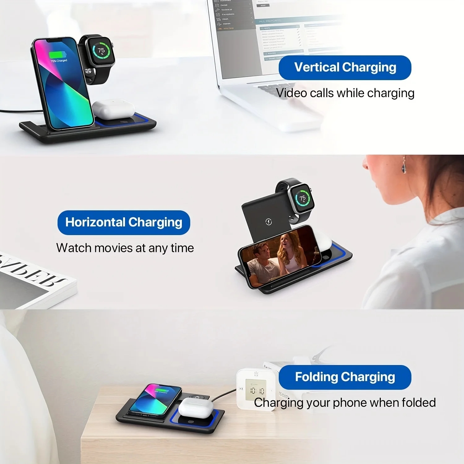 3-In-1 Foldable Wireless Charger 15W Fast Charging Phone Stand Docks ...