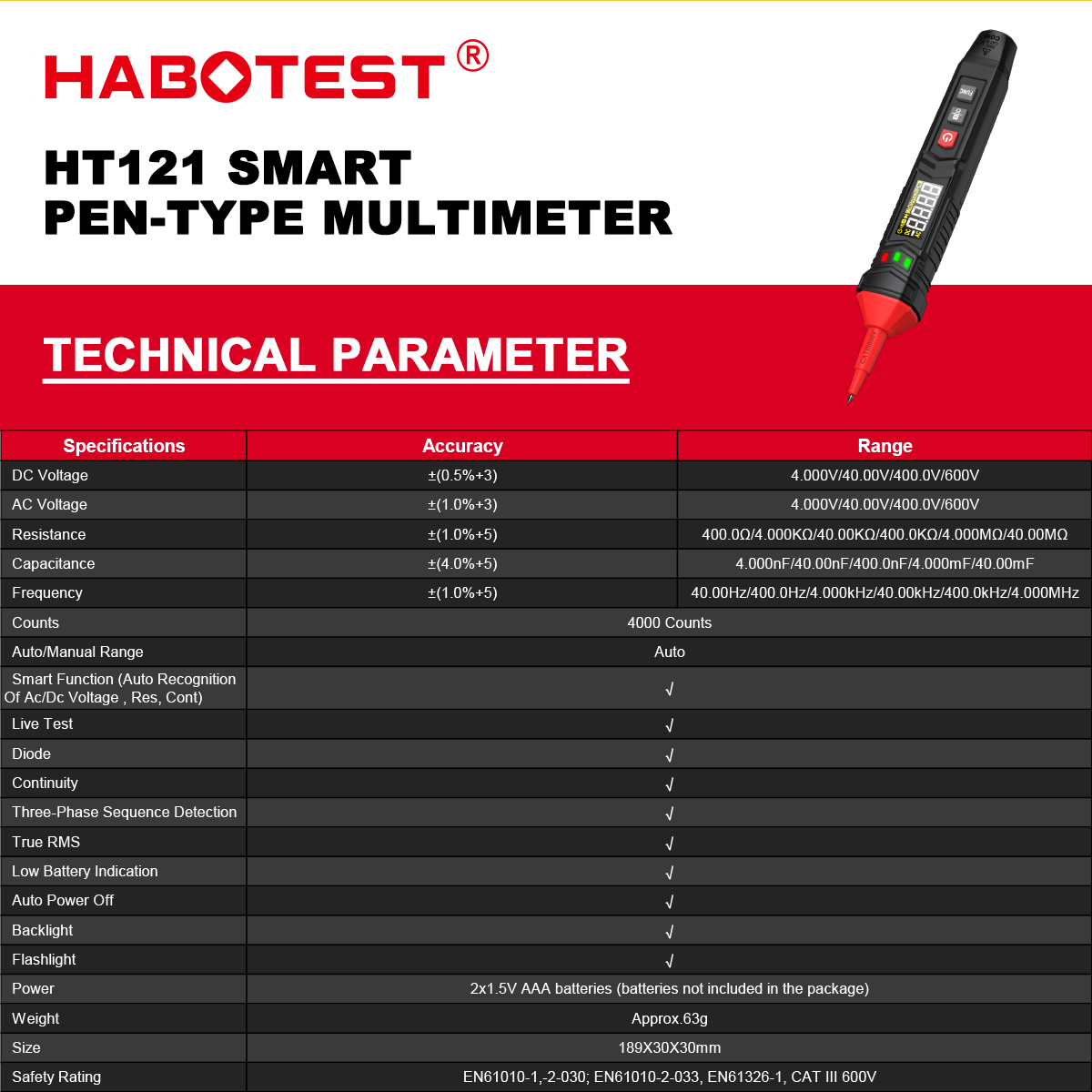 HABOTEST HT121 Pen Type Digital Multimeters 600V DC/AC Voltage Tester ...