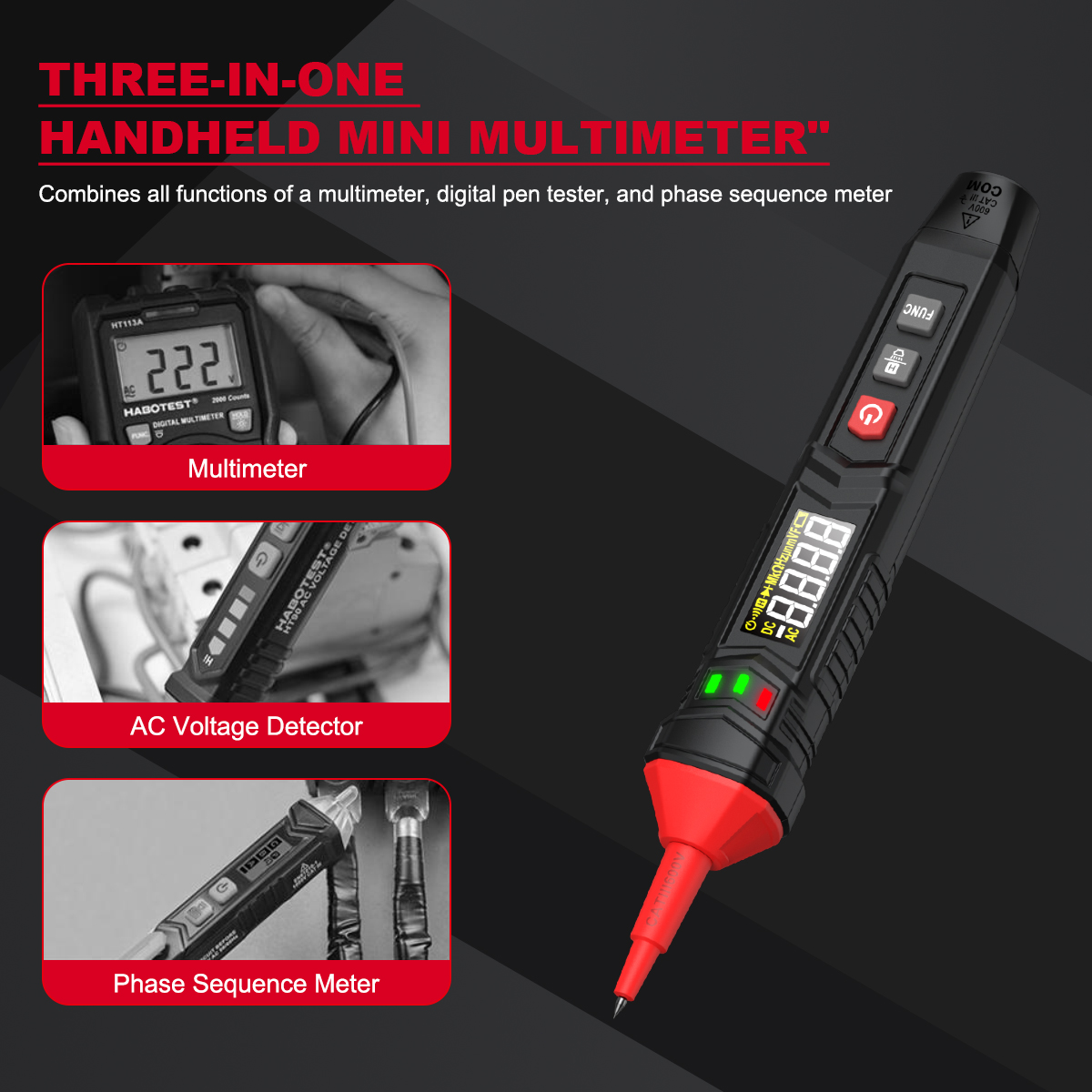 HABOTEST HT121 Pen Type Digital Multimeters 600V DC/AC Voltage Tester ...