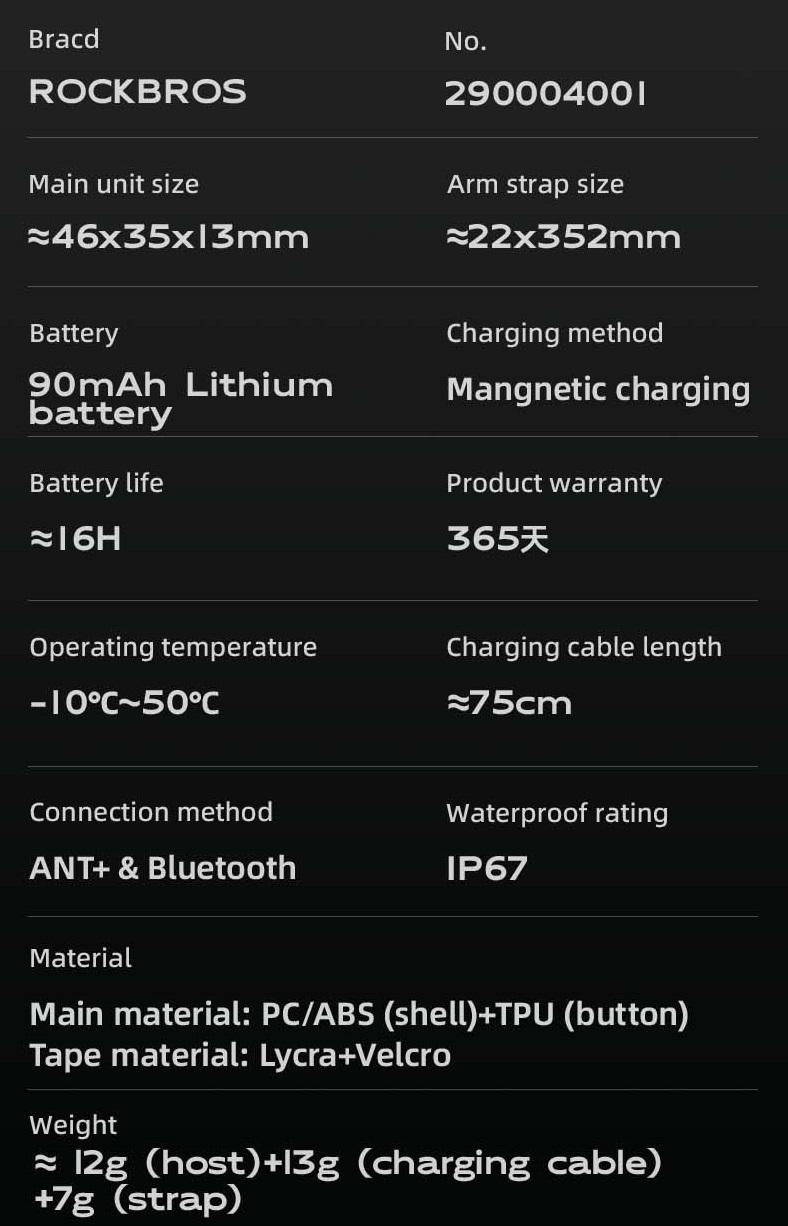 ROCKBROS Heart Rate Monitor Bluetooth & ANT+ Long Endurance Heart Rate ...