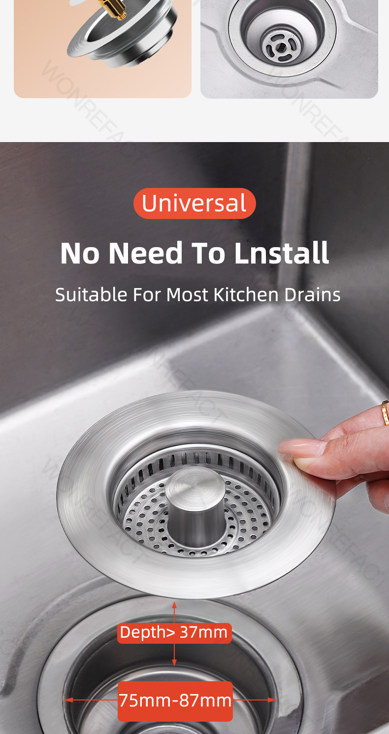 Kitchen Sink Drain Strainer Stainless Steel Pop Up Sink Stopper Anti ...