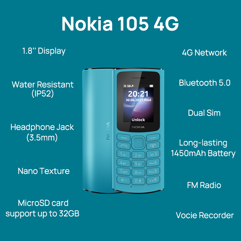 Nokia 105 4G Keypad Basic Phone 1.8'' Screen Dual Sim 1450mAh Durable Design 1 Year Warranty ...