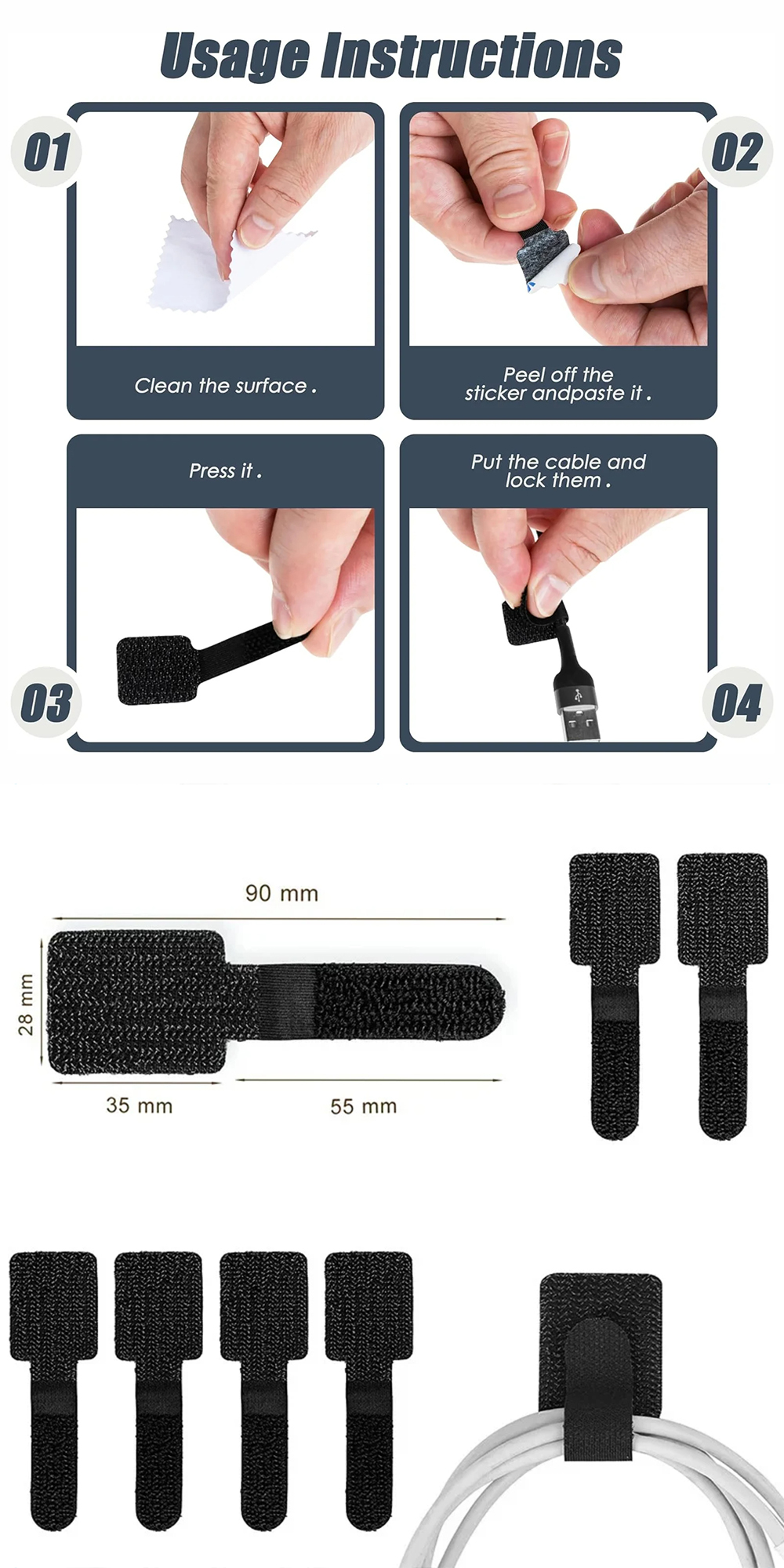 60PCS Reusable Cable Ties Fastening Wire Organizer Cord Rope Holder ...