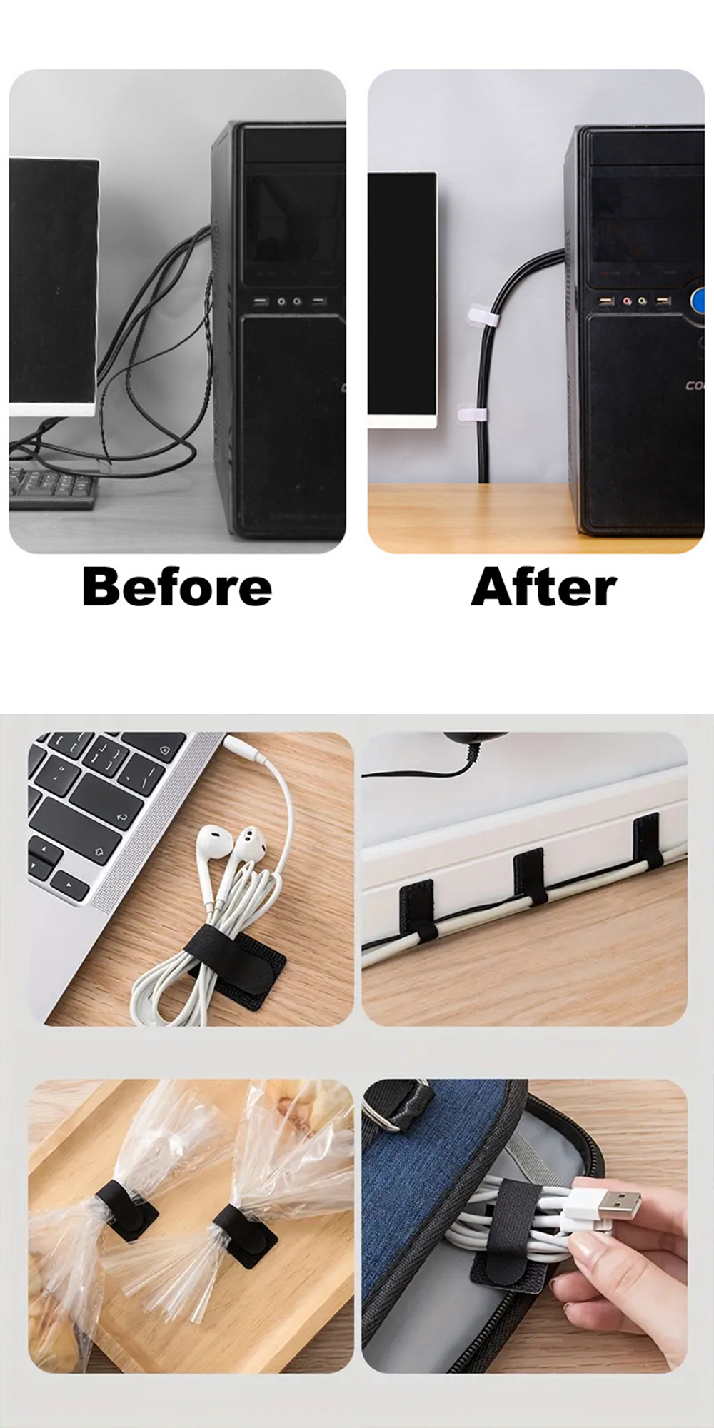 60PCS Reusable Cable Ties Fastening Wire Organizer Cord Rope Holder ...