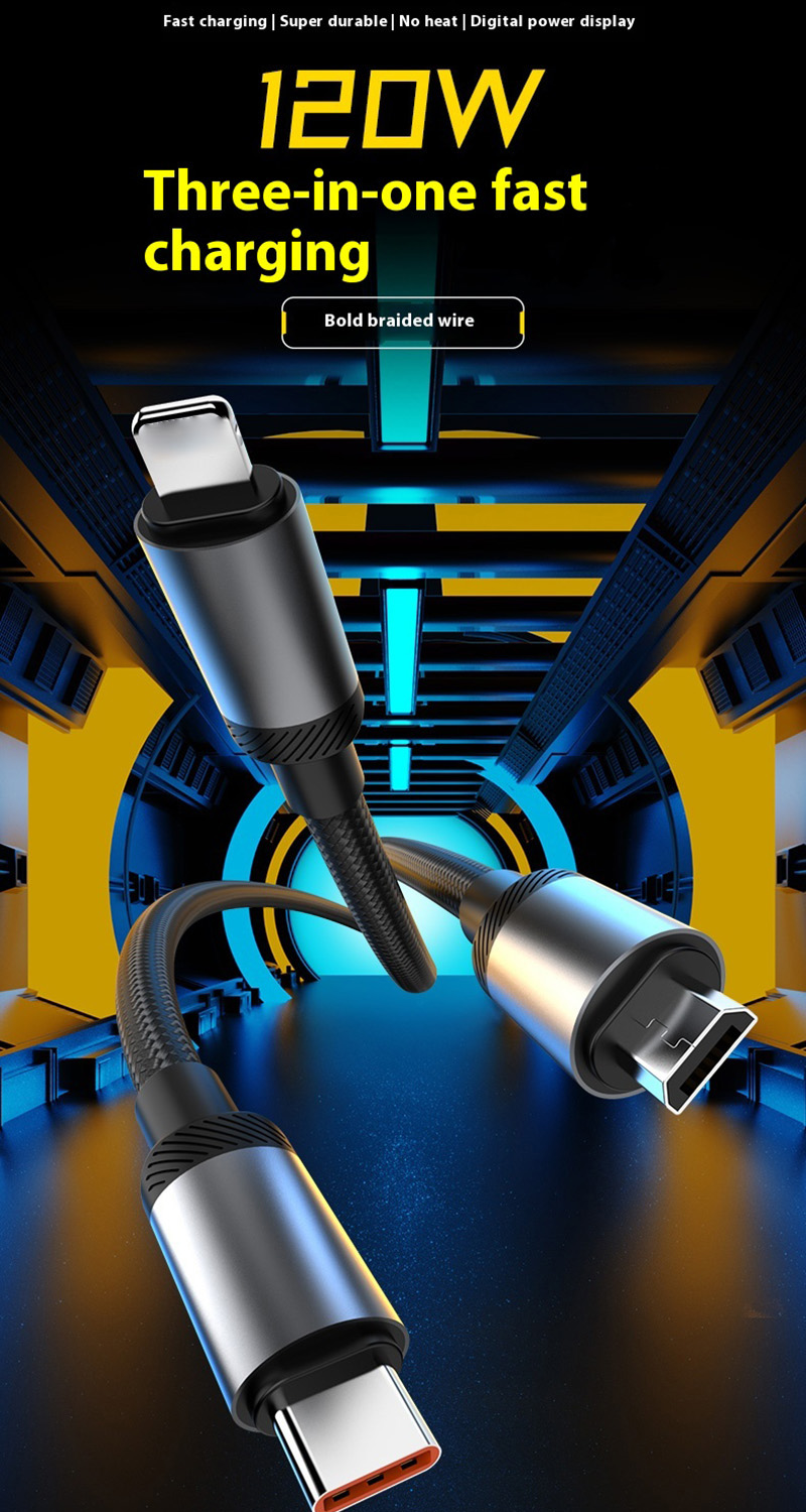 3 In 1 120W Intelligent Digital Display Charging Cable For ios15 Type c ...