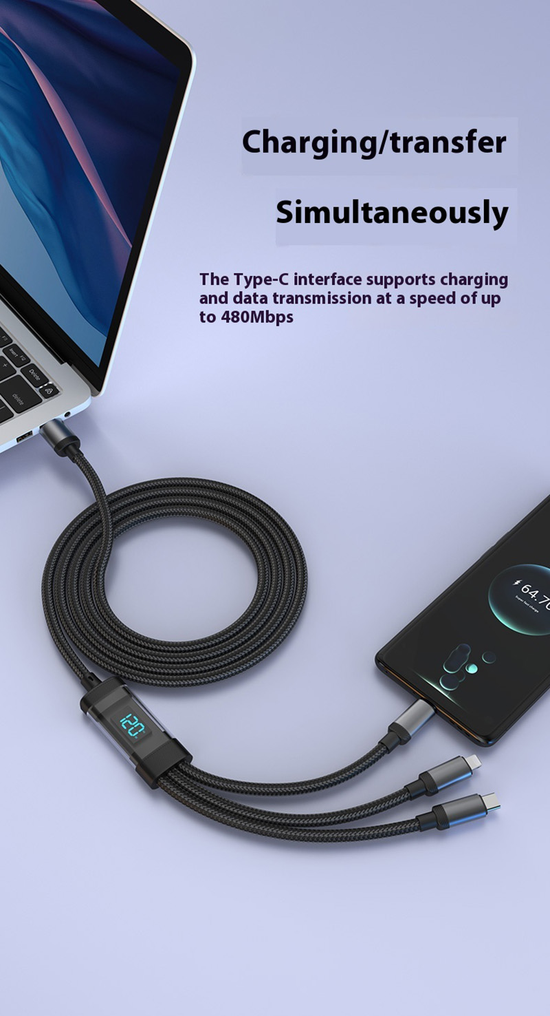 3 In 1 120W Intelligent Digital Display Charging Cable For ios15 Type c ...