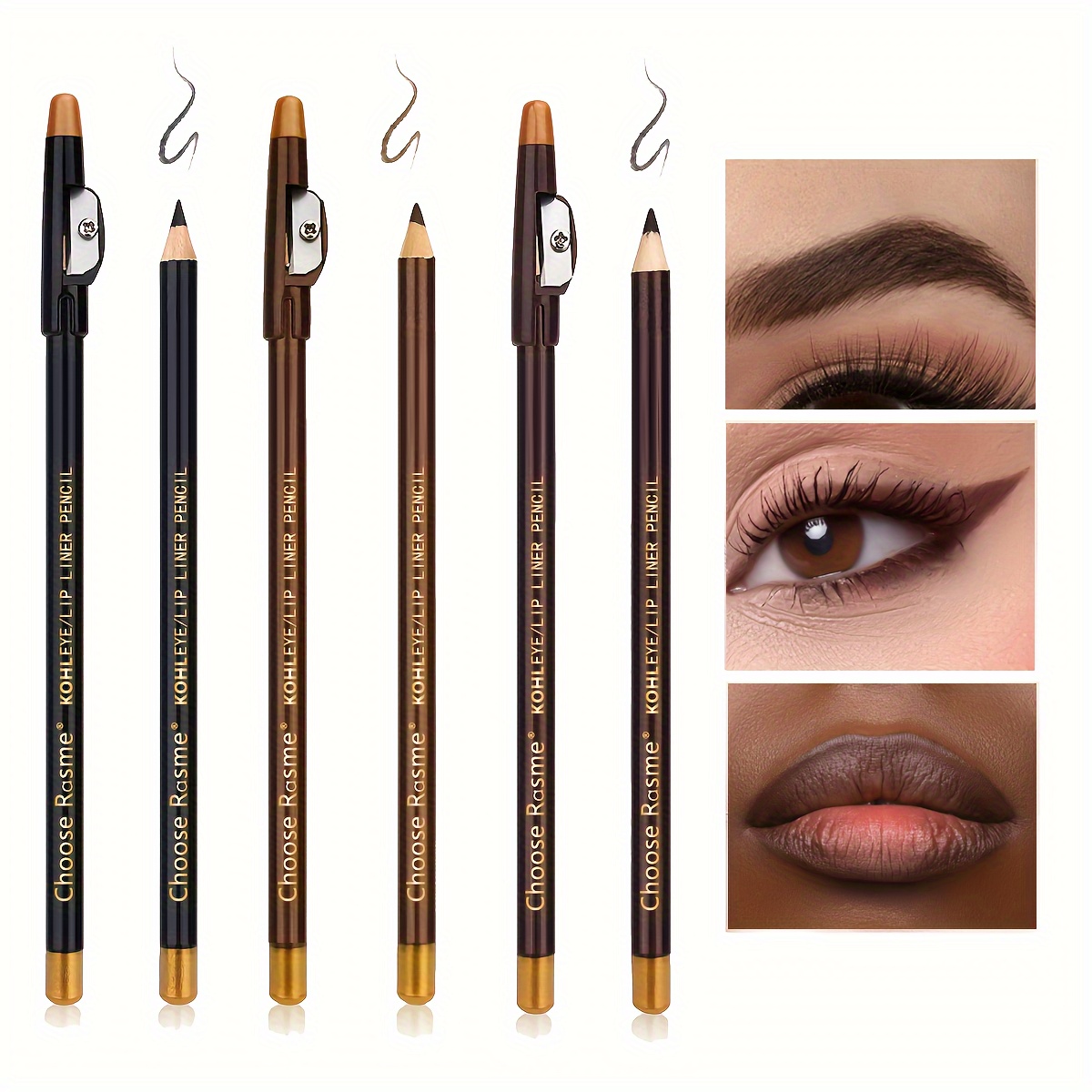 3-Piece Brow Pencil Eyeliner Lip Liner Set Coffee Waterproof Natural ...