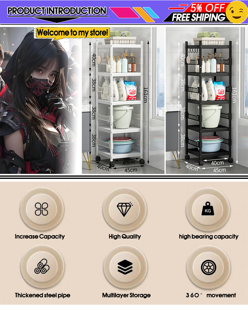 Stainless Steel Bathroom Rack Toilet Storage Rack with Wheels Kitchen ...